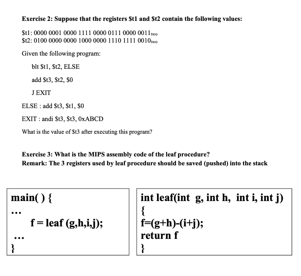 Solved Exercise 2: Suppose that the registers \$t1 and \$t2 | Chegg.com Solved Exercise 2: Suppose that the registers \$t1 and \$t2 | Chegg.com