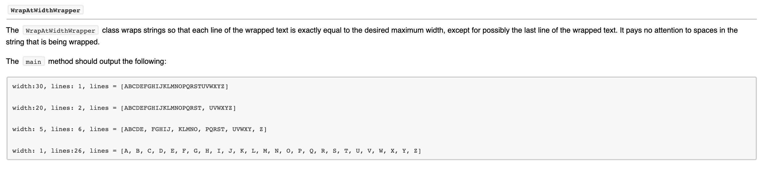 Solved WrapAtWidthWrapper The WrapAtWidthWrapper class wraps | Chegg.com