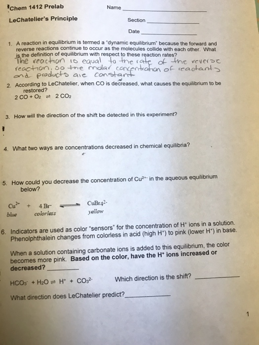 Solved Chem 1412 Prelab LeChatelier's Principle Name Section | Chegg.com