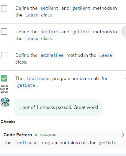 Solved 1. Create a class named Lease with fields that hold | Chegg.com