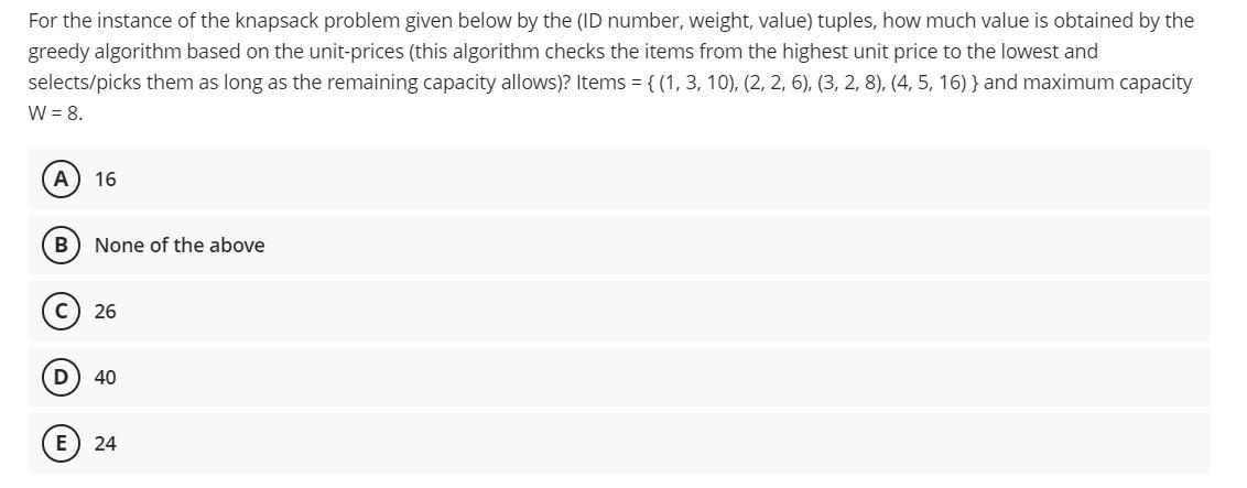Solved For the instance of the knapsack problem given below | Chegg.com