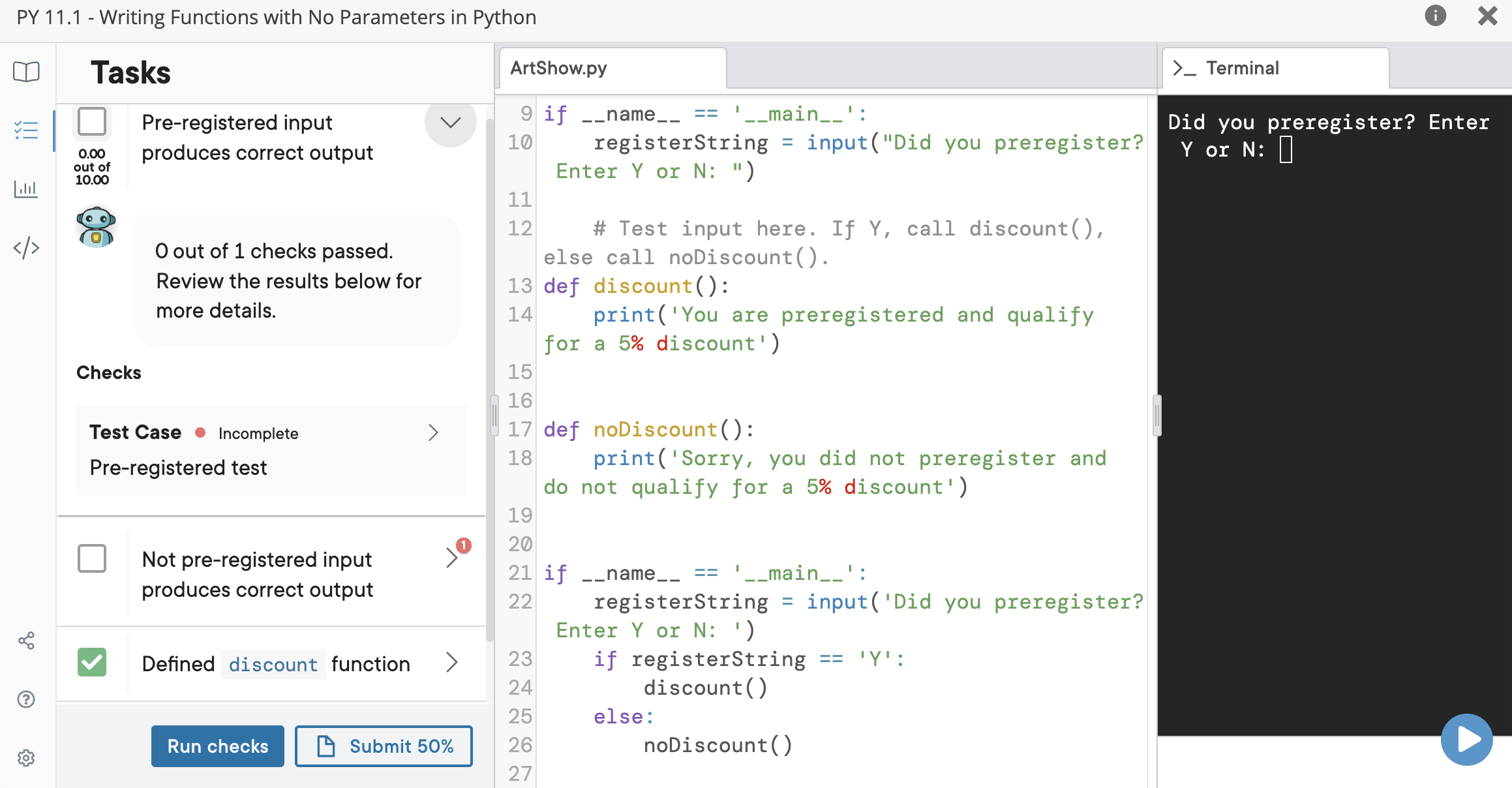 Solved PY 11.1 - Writing Functions with No Parameters in | Chegg.com
