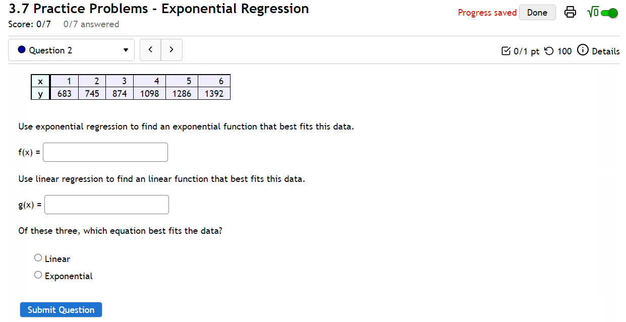 Solved 3.7 Practice Problems - Exponential Regression Score: | Chegg.com
