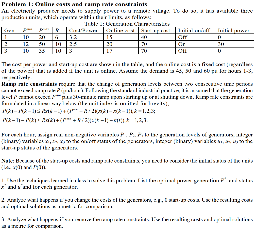 Solved Problem 1: Online costs and ramp rate constraints An | Chegg.com
