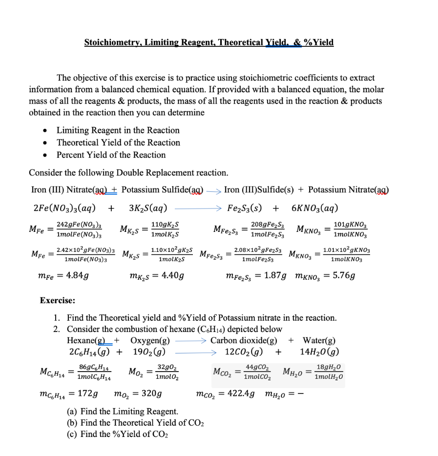 Solved Stoichiometry, Limiting Reagent, Theoretical Yield. & | Chegg.com