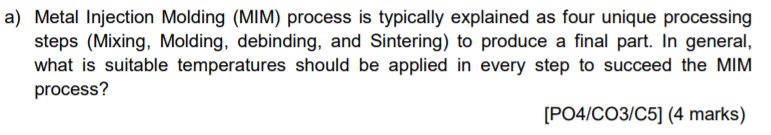 Solved a) Metal Injection Molding (MIM) process is typically | Chegg.com