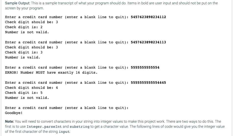 Solved Implement The Luhn Algorithm In Java Sample Output 1420