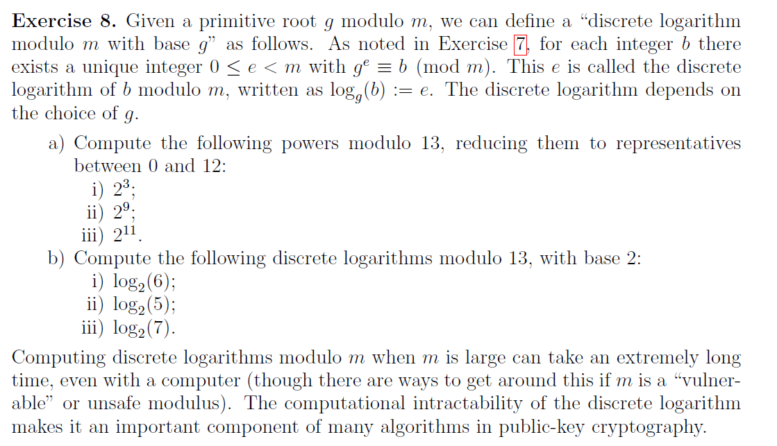 Solved Exercise 8. ﻿Given a primitive root g ﻿modulo m, ﻿we | Chegg.com