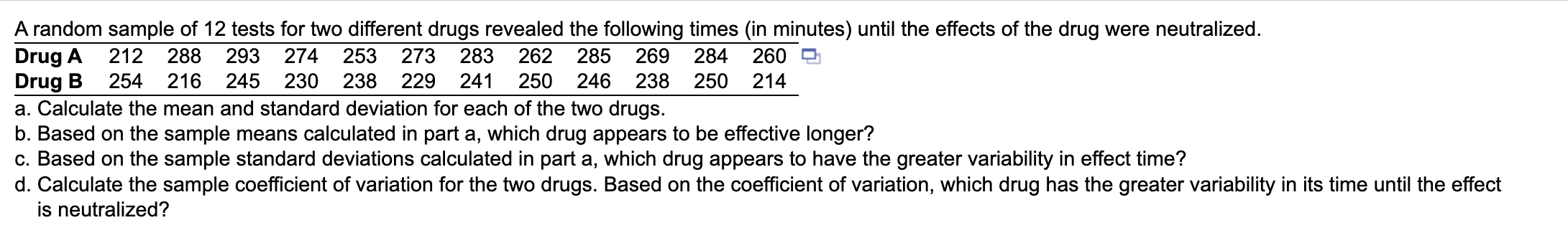 Solved A random sample of 12 ﻿tests for two different drugs | Chegg.com