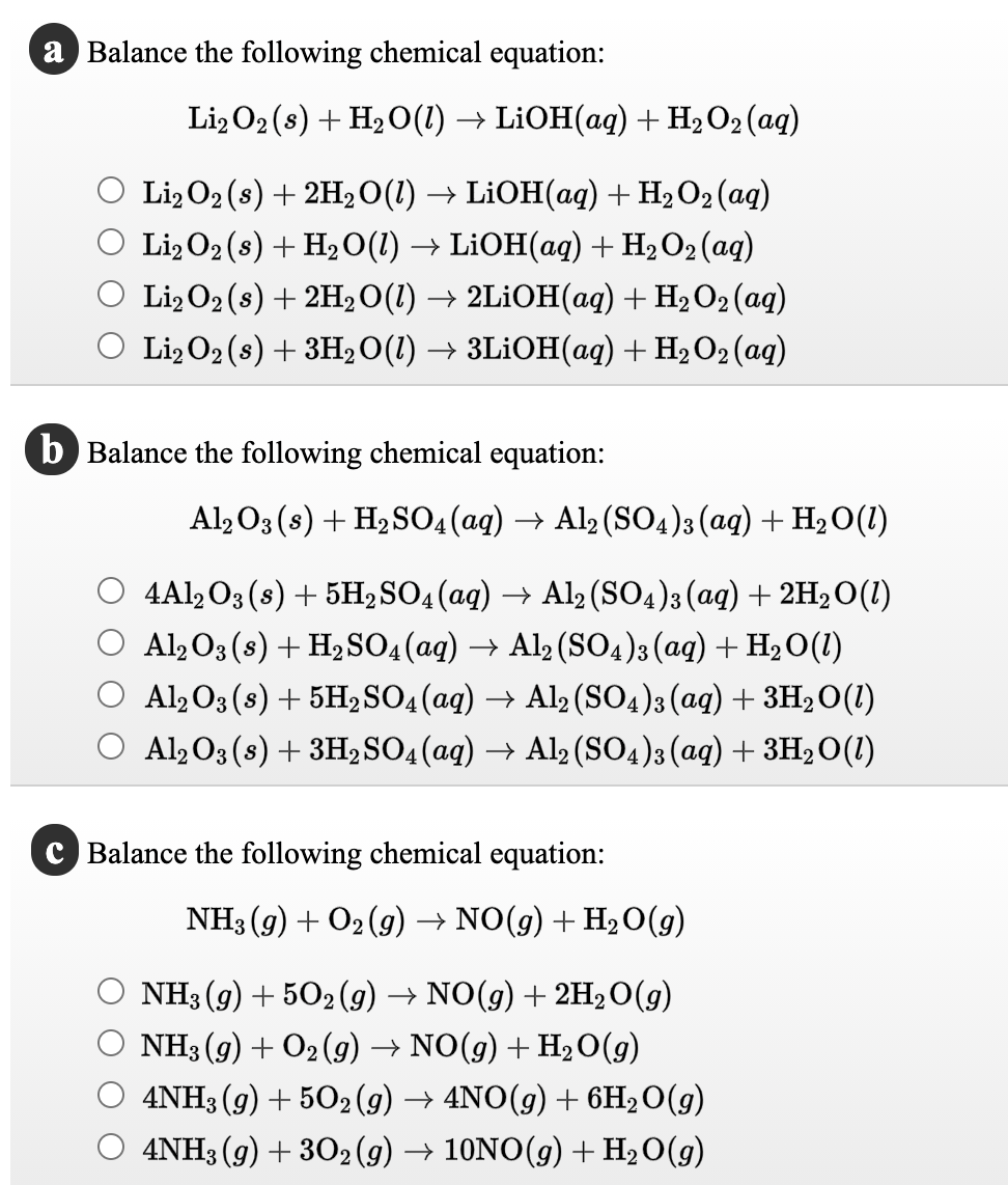 Solved a Balance the following chemical equation: Li2O2(s) + | Chegg.com