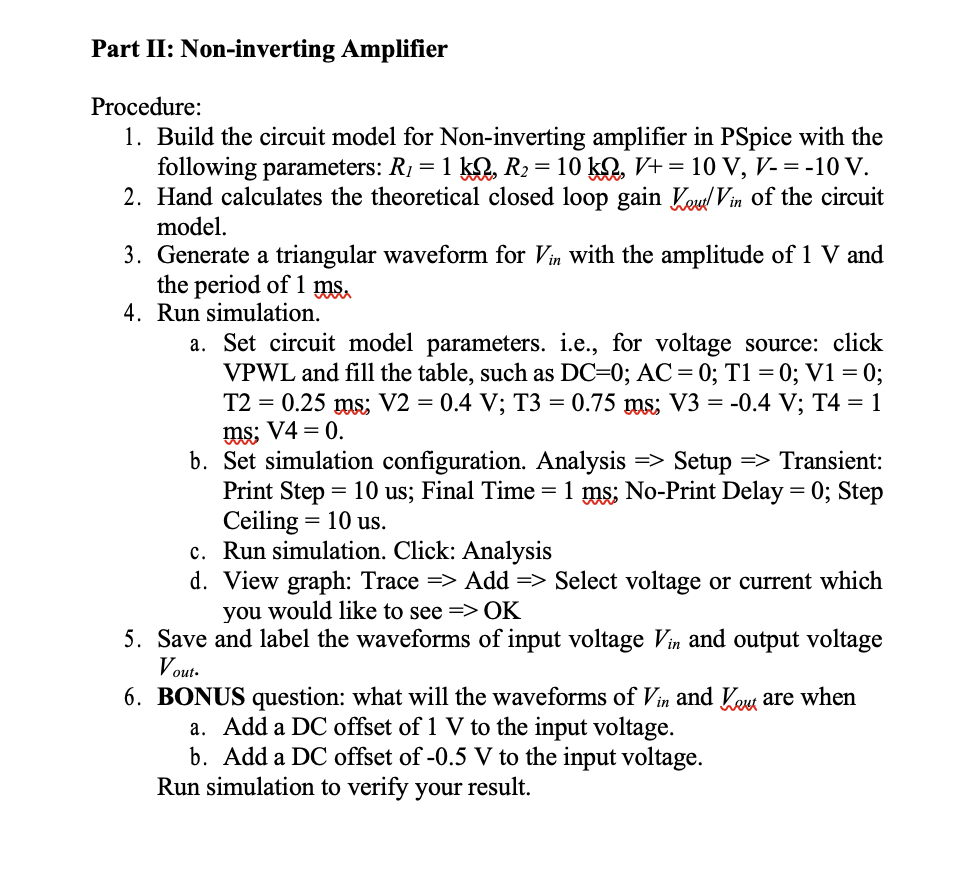 Solved Part II: Non-inverting Amplifier Procedure: 1. Build | Chegg.com