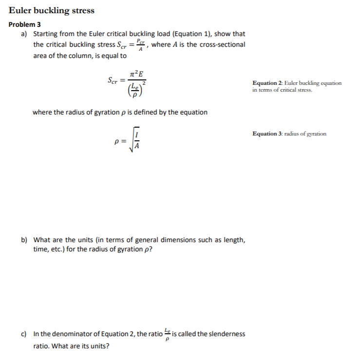 Solved Euler buckling stress Problem 3 a) Starting from the | Chegg.com