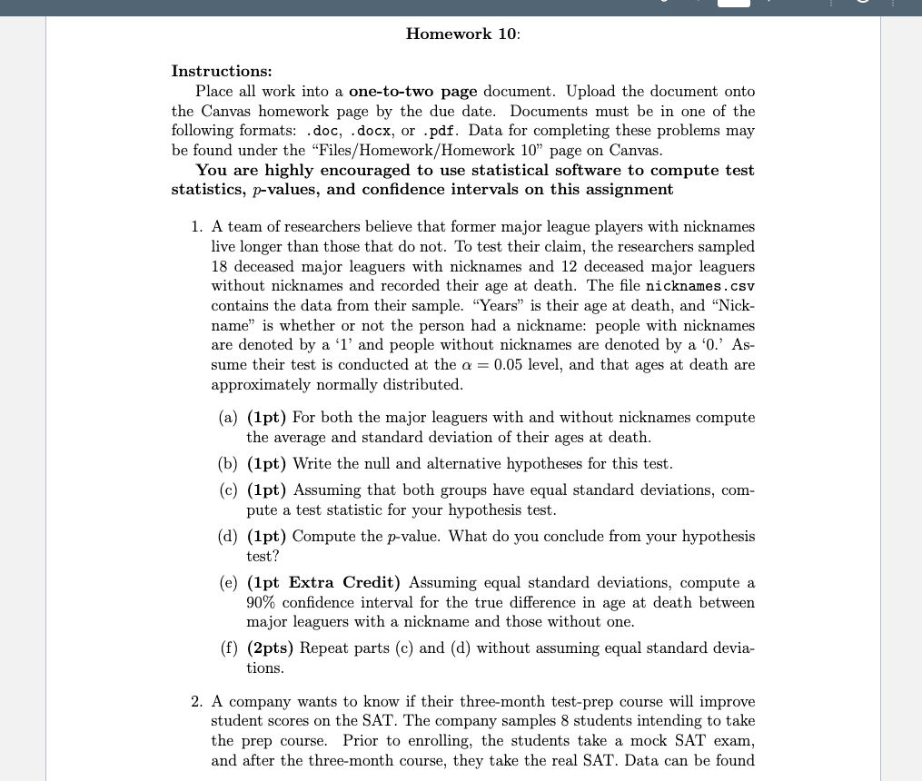 Solved Homework 10: Instructions: Place all work into a | Chegg.com