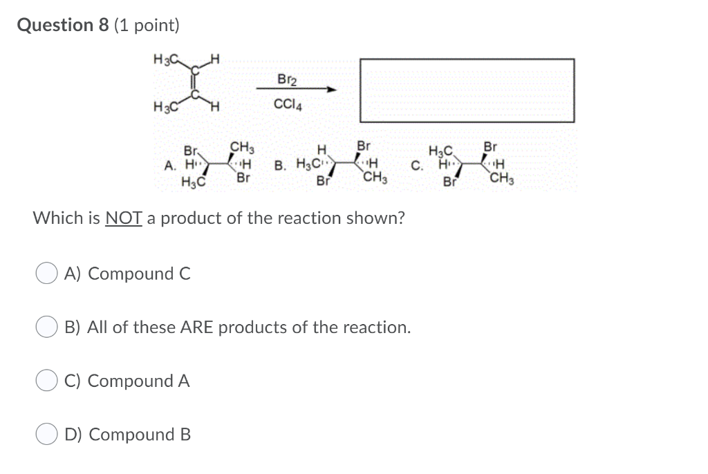 Solved Question 8 (1 point) H3C CH Br2 H3C CCl4 H Br A. H | Chegg.com