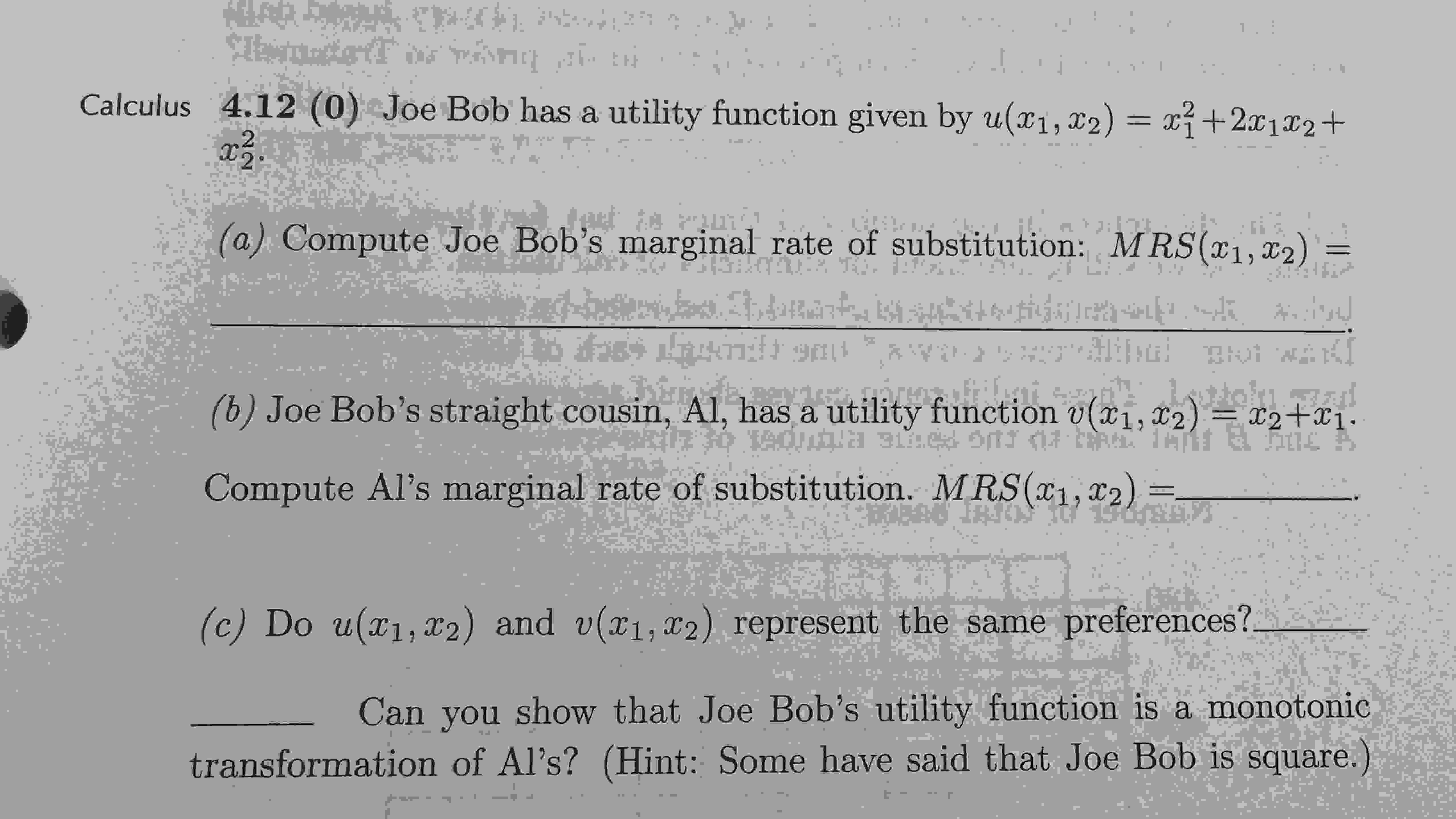 Solved Calculus 4.12 (0) ﻿Joe Bob has a utility function | Chegg.com
