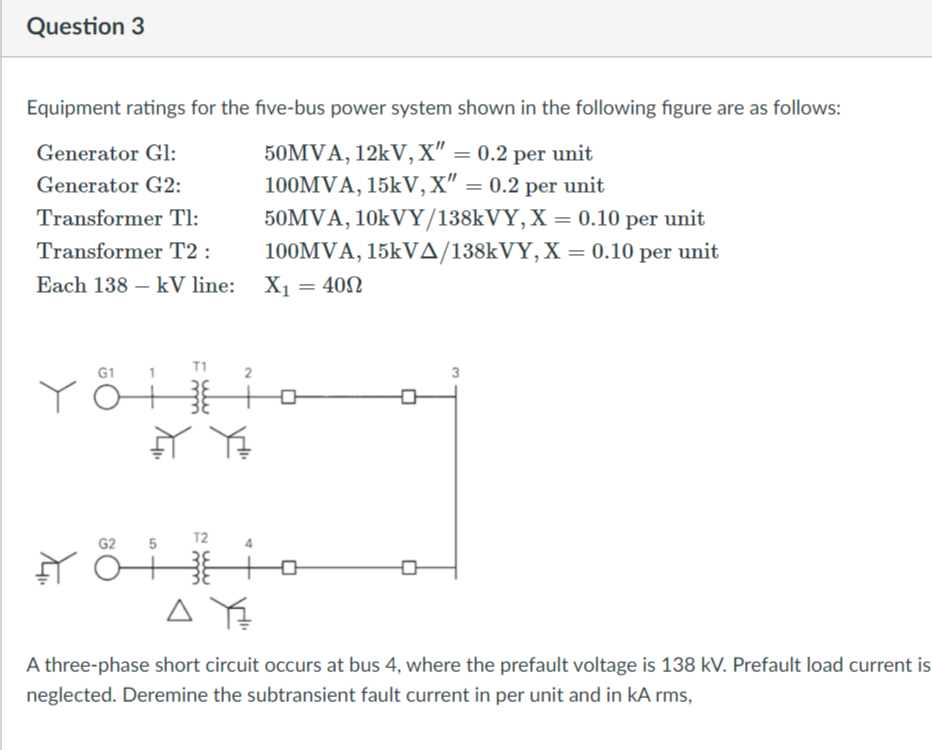 Solved Question 3 Equipment ratings for the five-bus power | Chegg.com