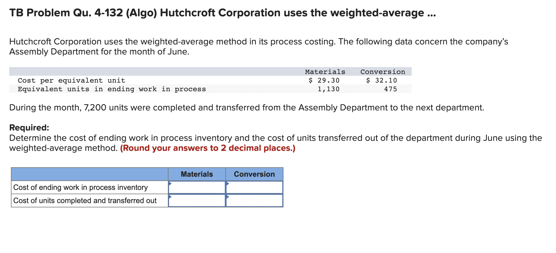 Solved TB Problem Qu. 4-132 (Algo) Hutchcroft Corporation | Chegg.com