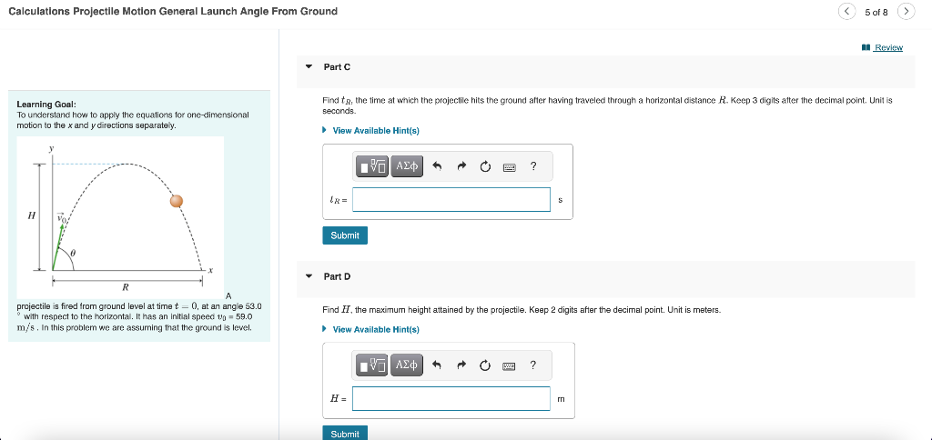 Solved Calculations Projectile Motion General Launch Angle | Chegg.com