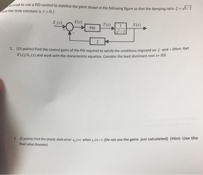 Solved desired to use a PID control to stabilize the plant | Chegg.com