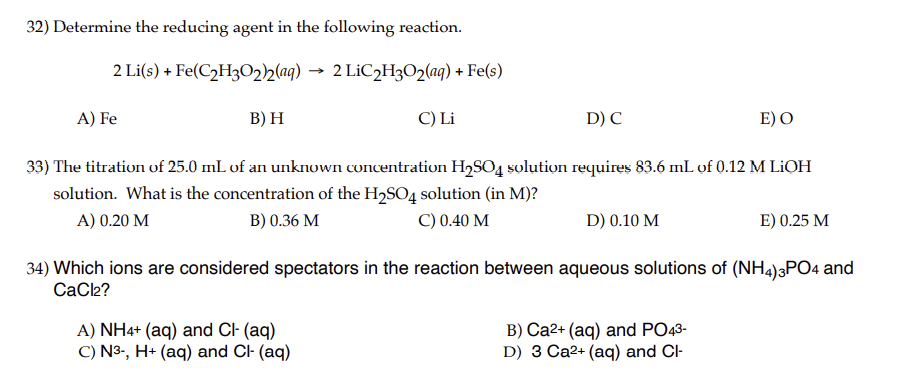 Solved 32) Determine the reducing agent in the following | Chegg.com