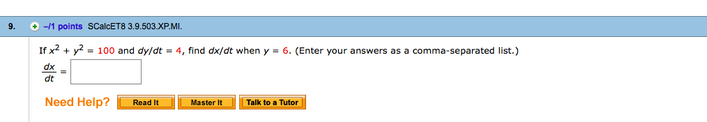 Solved 9. +-/1 points SCalcET8 3.9.503.XP.MI. If x2 + y2 100 | Chegg.com