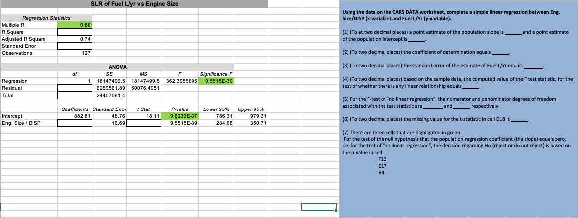 Solved SLR of Fuel Lyr vs Engine Size Using the data on the | Chegg.com