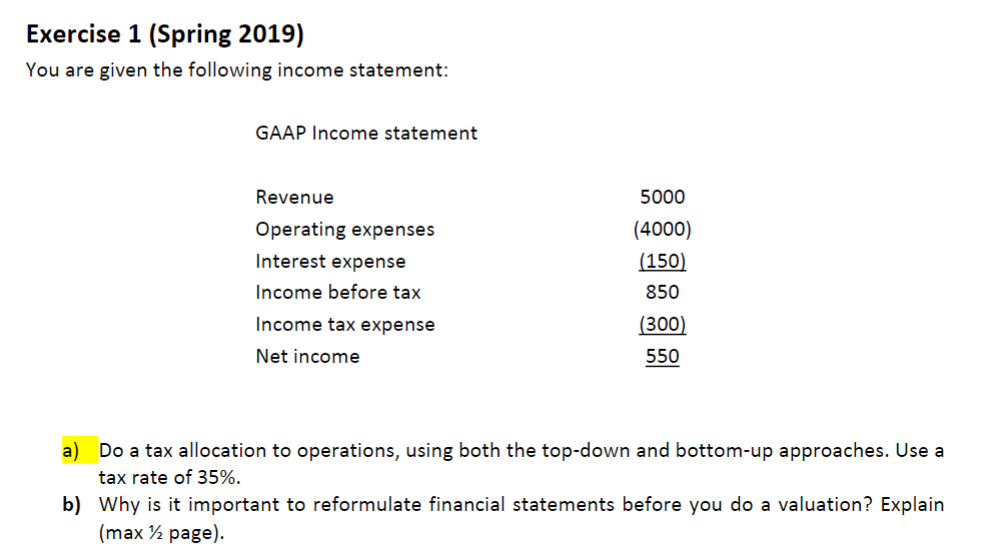 Exercise 1 (Spring 2019) You are given the following | Chegg.com