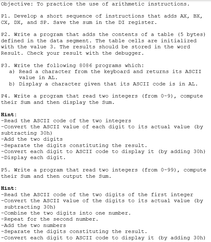 Solved Objective: To practice the use of arithmetic | Chegg.com