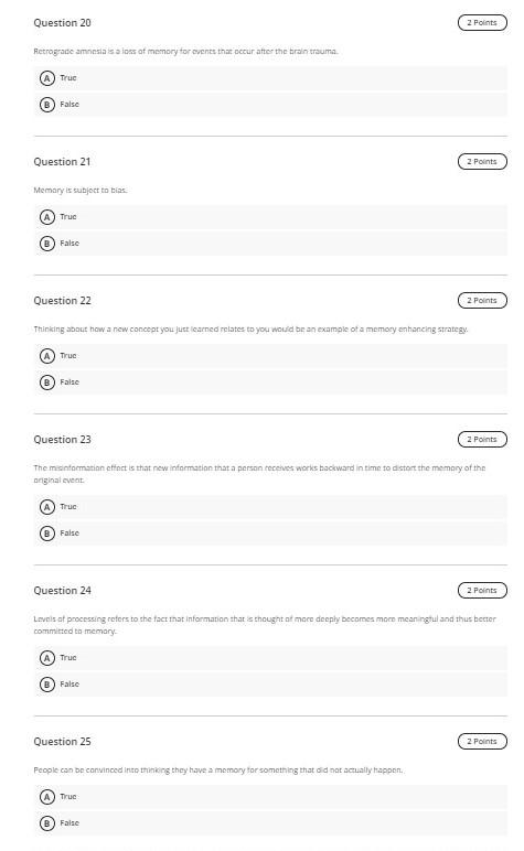 Solved Question 20 a 2 Points Retrograde amnesia loss of | Chegg.com