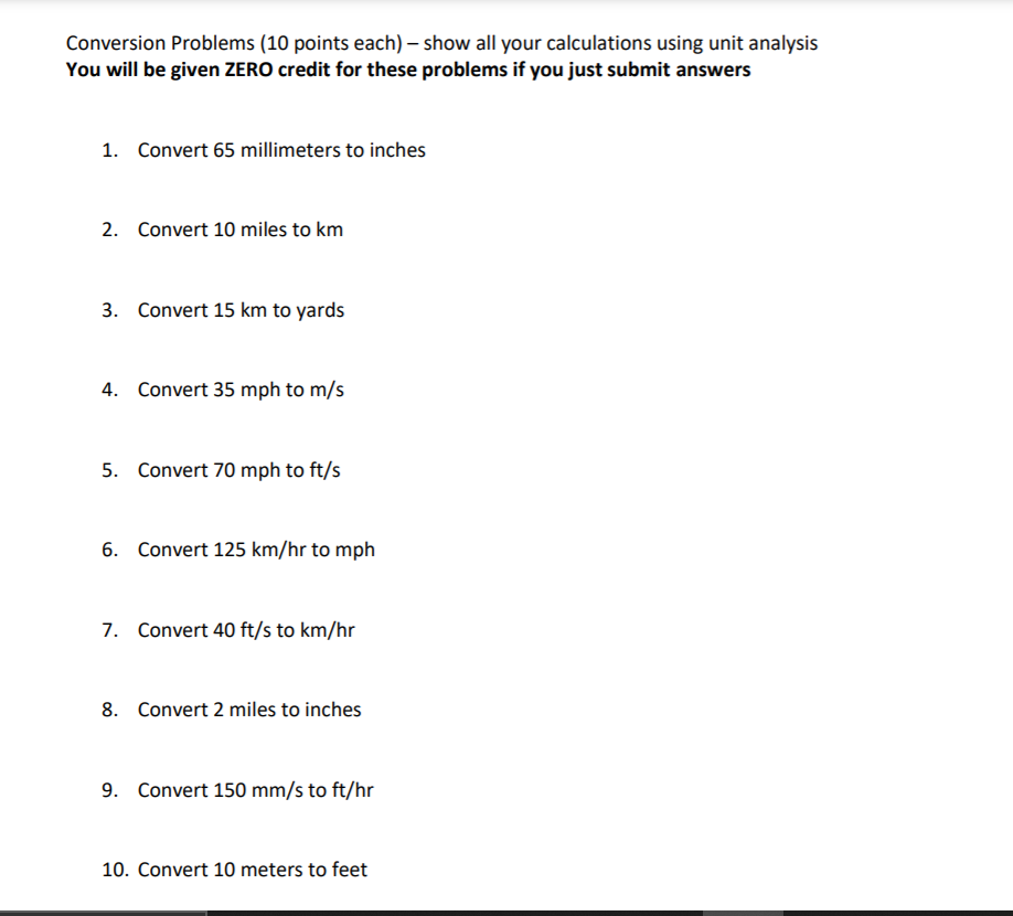 Solved Conversion Problems (10 points each) - show all your | Chegg.com