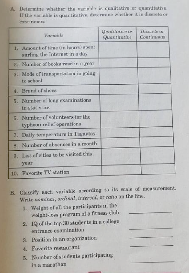 Solved A. Determine whether the variable is qualitative or | Chegg.com