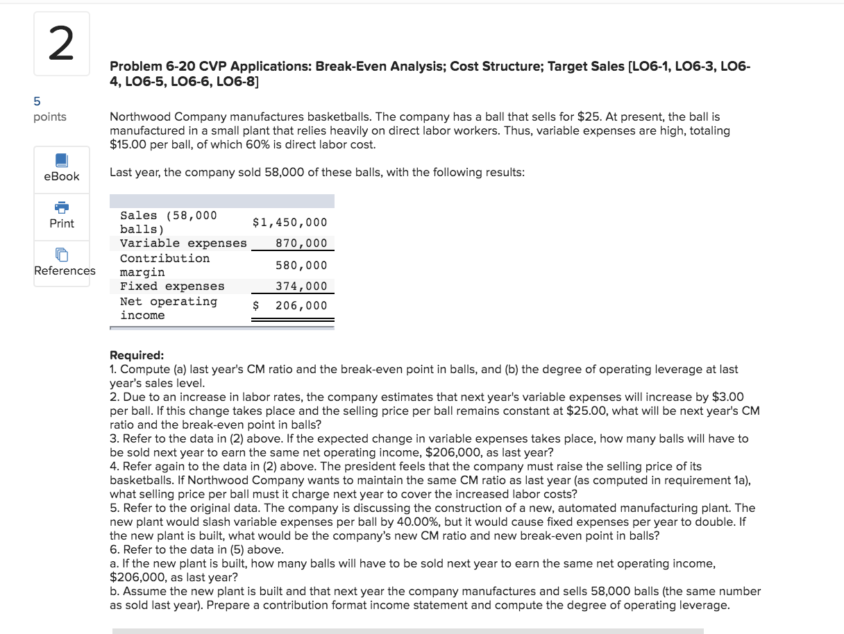 Solved Problem 6-20 CVP Applications: Break-Even Analysis; | Chegg.com