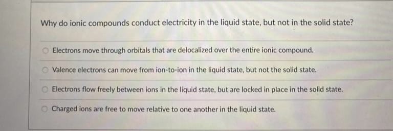 Solved Why do ionic compounds conduct electricity in the | Chegg.com