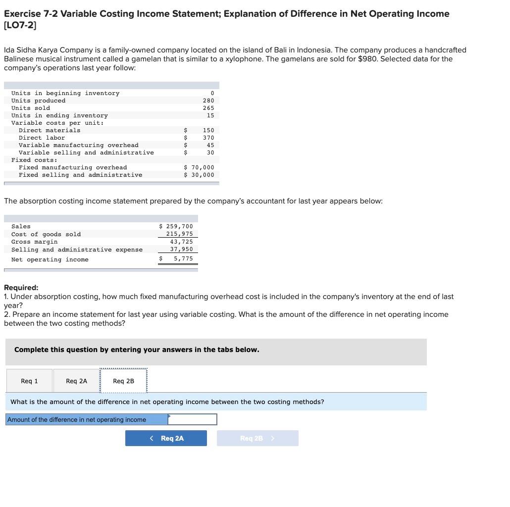 Solved Exercise 7-2 Variable Costing Income Statement; | Chegg.com