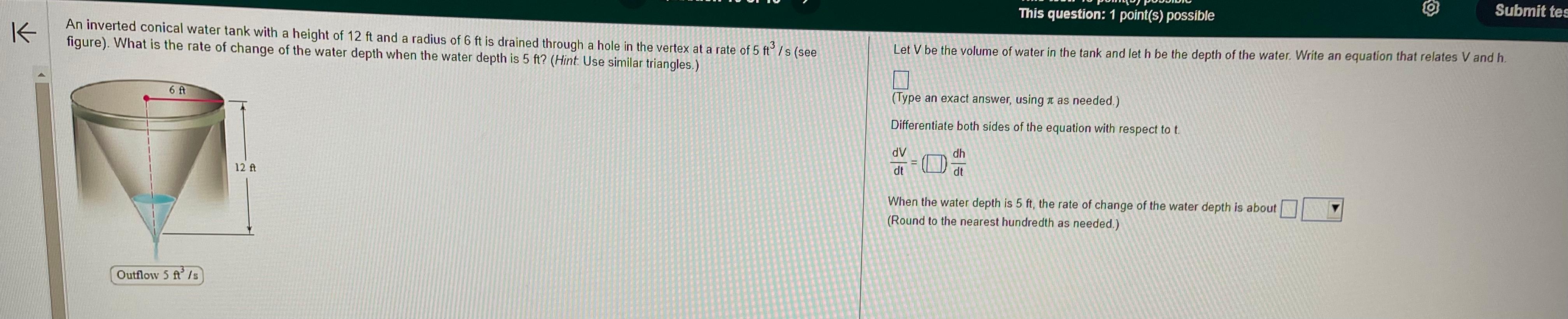 Solved An inverted conical water tank with a height of 12ft | Chegg.com