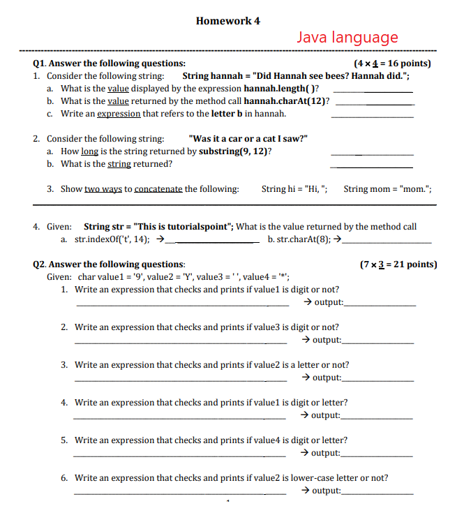 Solved Homework 4 Java language Q1. Answer the following | Chegg.com