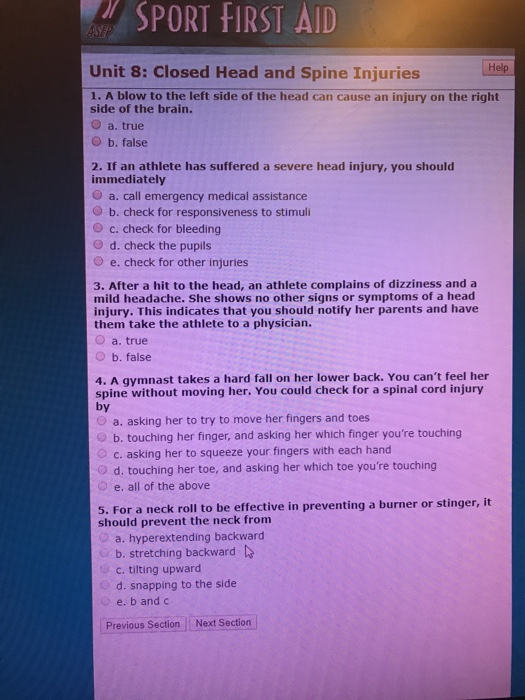 Solved SPORT FIRST AID Help Unit 8: Closed Head and Spine | Chegg.com