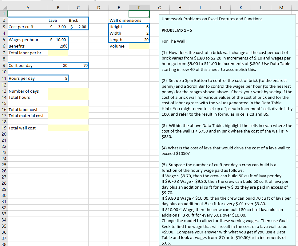Brick Homework Problems on Excel Features and | Chegg.com