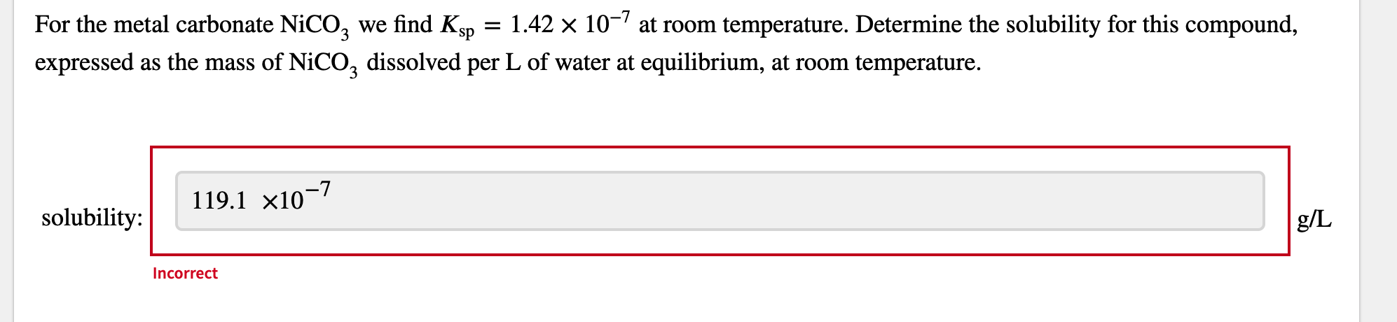 Solved = For the metal carbonate NiCO2 we find Ksp 1.42 x | Chegg.com
