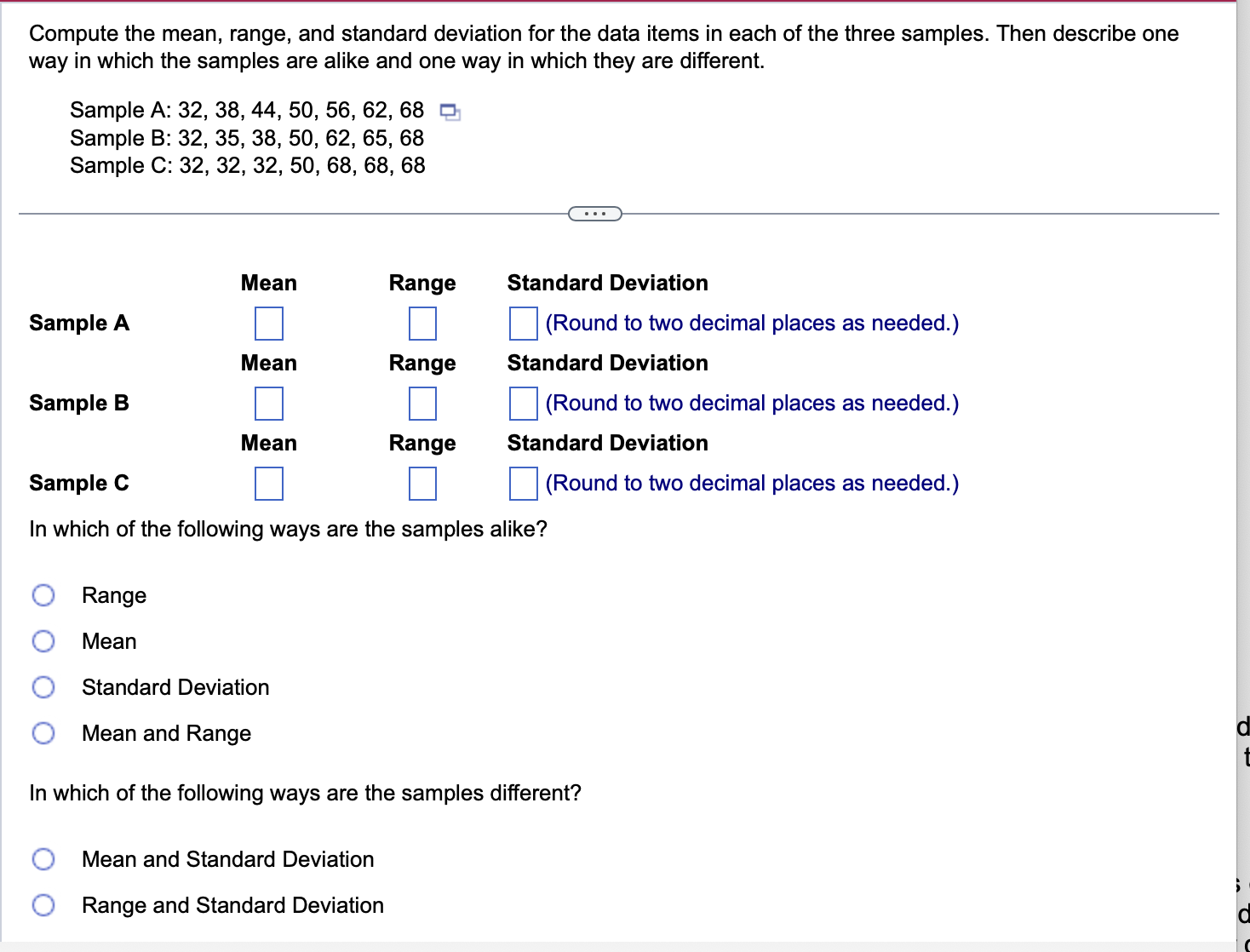 Solved Compute the mean, range, and standard deviation for | Chegg.com
