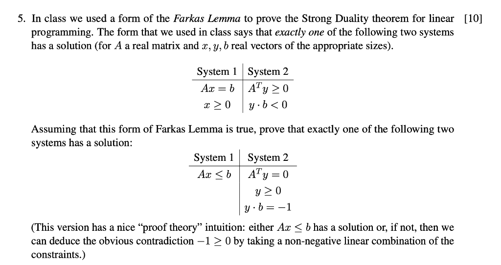 5. In class we used a form of the Farkas Lemma to | Chegg.com