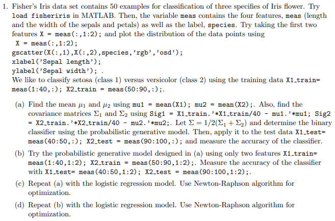 1. Fisher's Iris data set contains 50 examples for | Chegg.com