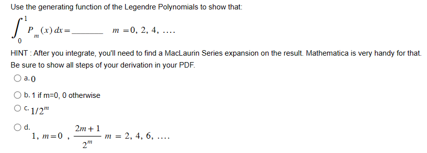 Solved Use the generating function of the Legendre | Chegg.com