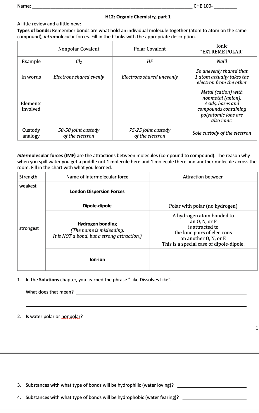 Solved Name: CHE 100- H12: Organic Chemistry, part 1 A | Chegg.com
