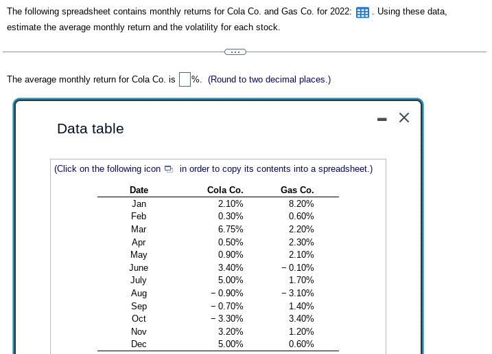 Solved The following spreadsheet contains monthly returns | Chegg.com
