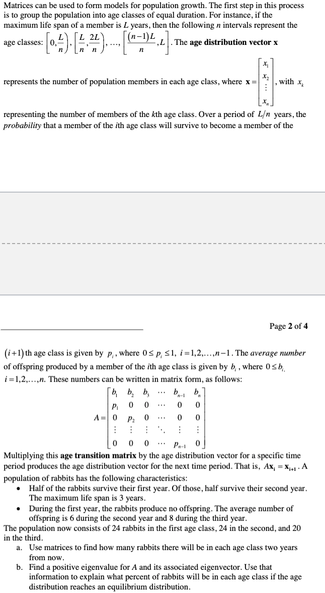 Matrices can be used to form models for population | Chegg.com