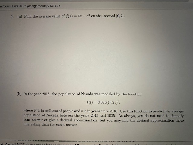 Solved 5. (a) Find the average value of f(x)=4x−x2 on the | Chegg.com