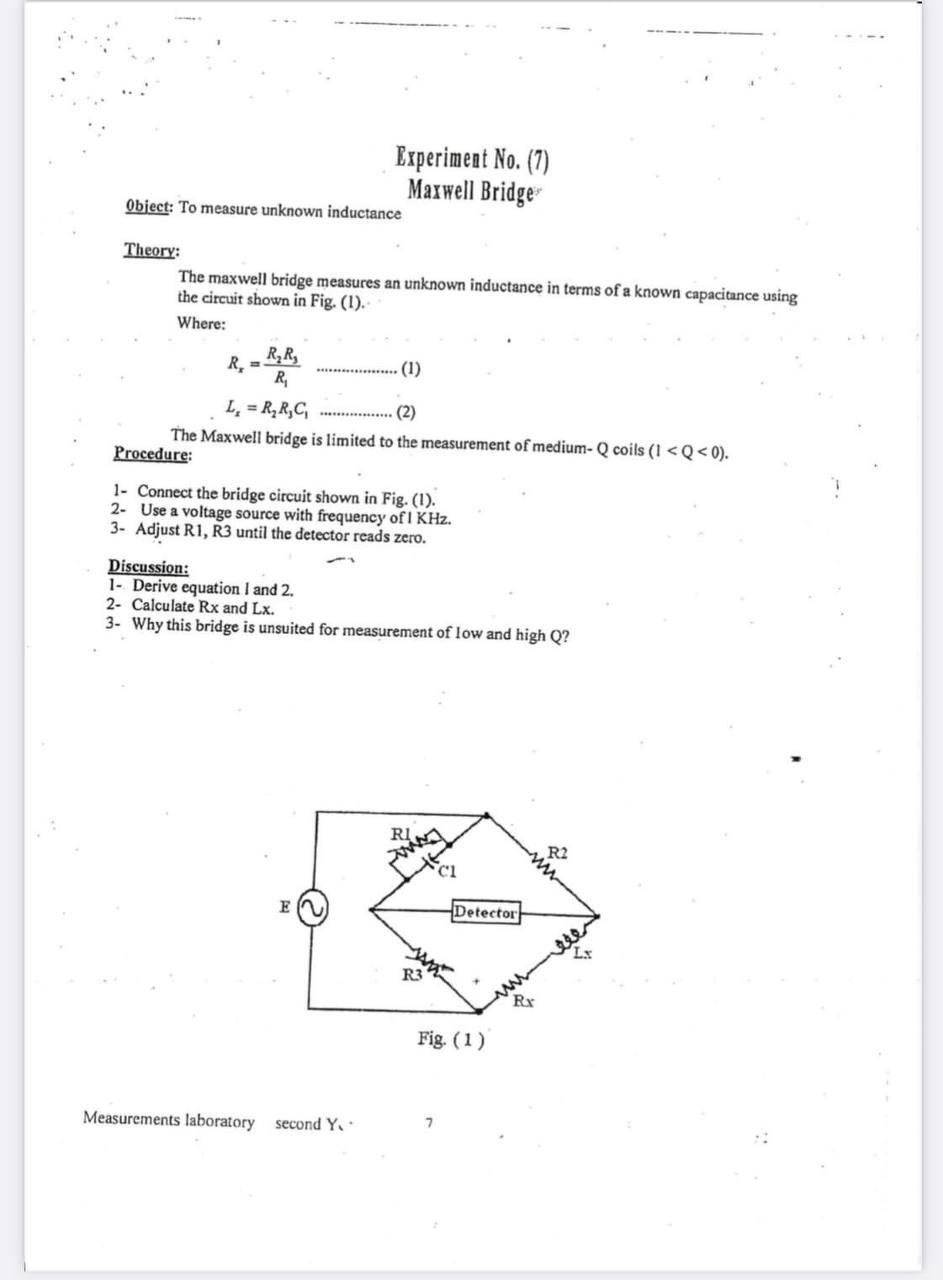 Solved Experiment No. (7) Maxwell Bridge Object: To measure | Chegg.com