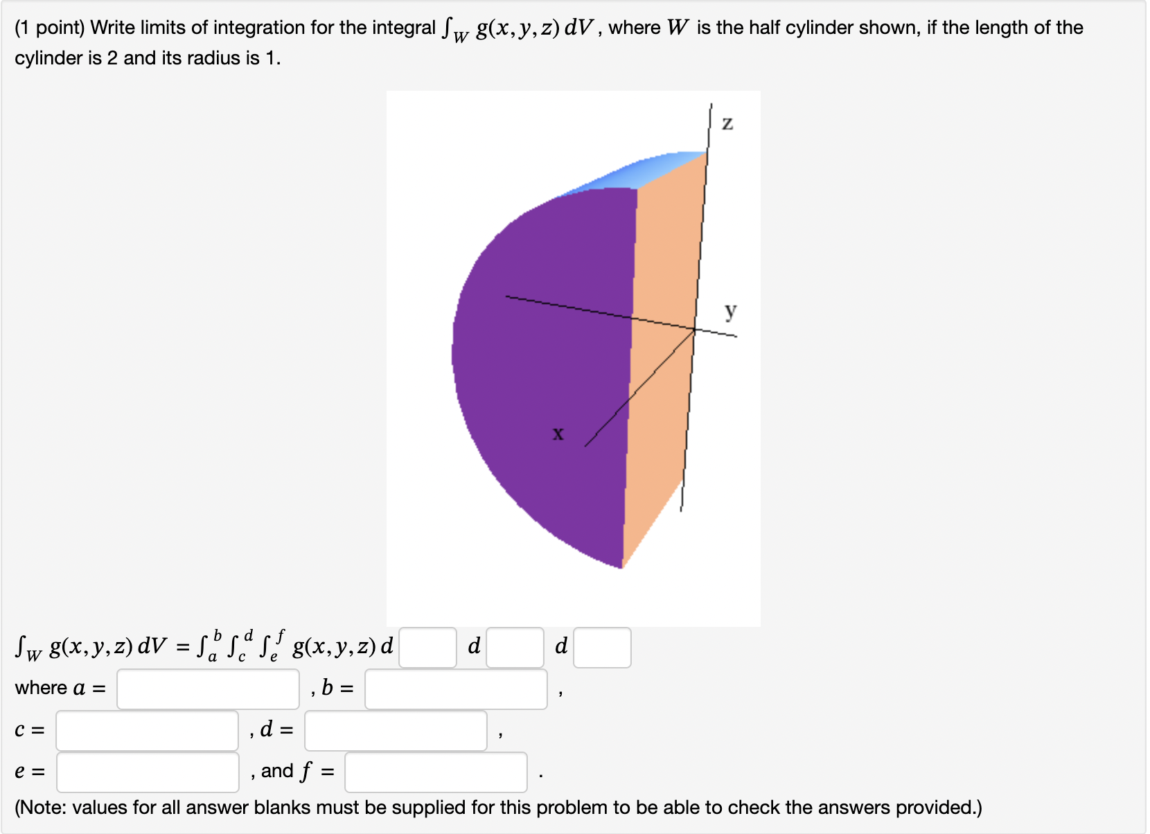 Solved (1 ﻿point) ﻿Write limits of ﻿integration for the | Chegg.com