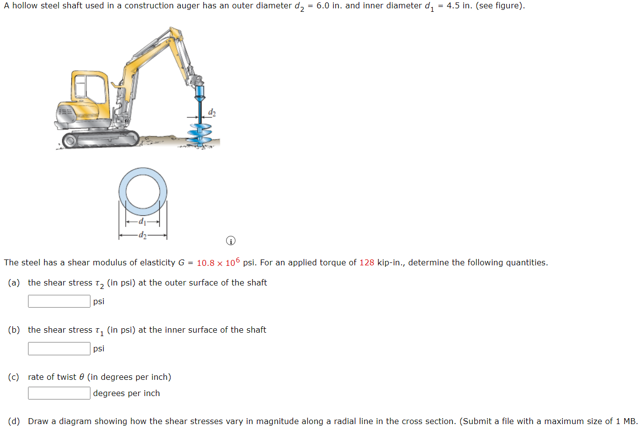 Solved A hollow steel shaft used in a construction auger has | Chegg.com